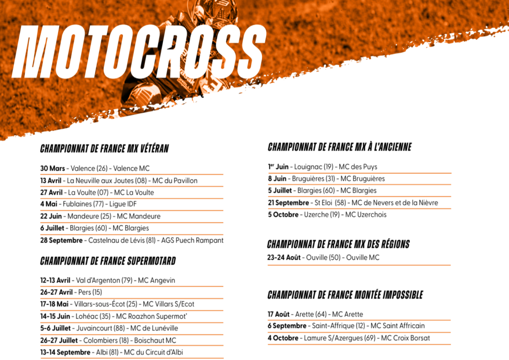 Le calendrier des championnats de France de Motocross 2025